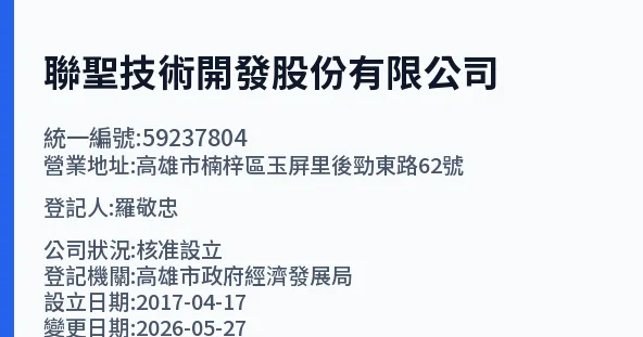 聯聖技術開發股份有限公司的照片-統編 59237804(高雄市) 公司登記資料與營業項目詳細圖表