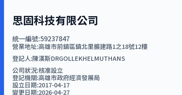 思固科技有限公司的照片-統編 59237847(高雄市) 公司登記資料與營業項目詳細圖表