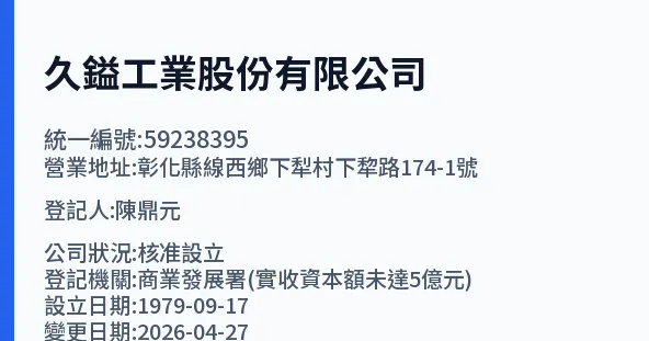 久鎰工業股份有限公司的照片-統編 59238395(彰化縣) 公司登記資料與營業項目詳細圖表