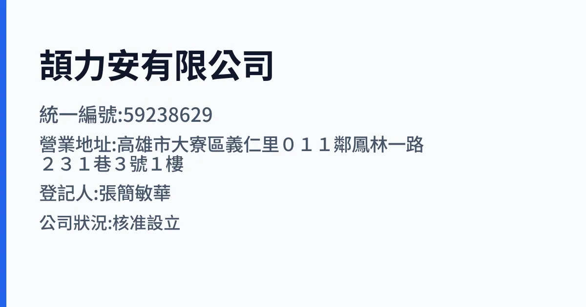 頡力安有限公司 - 統編 59238629(高雄市) 公司登記資料與營業項目詳細圖表