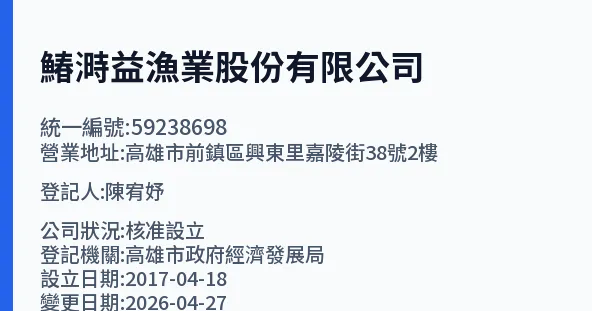 鰆溡益漁業股份有限公司的照片-統編 59238698(高雄市) 公司登記資料與營業項目詳細圖表