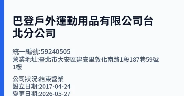 巴登戶外運動用品有限公司台北分公司的照片-統編 59240505(臺北市) 公司登記資料與營業項目詳細圖表