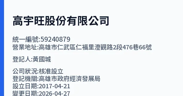 高宇旺股份有限公司的照片-統編 59240879(高雄市) 公司登記資料與營業項目詳細圖表