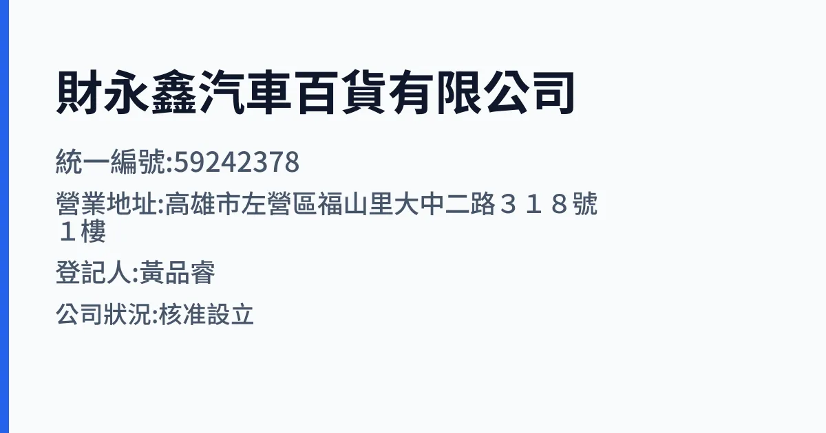 財永鑫汽車百貨有限公司 - 統編 59242378(高雄市) 公司登記資料與營業項目詳細圖表