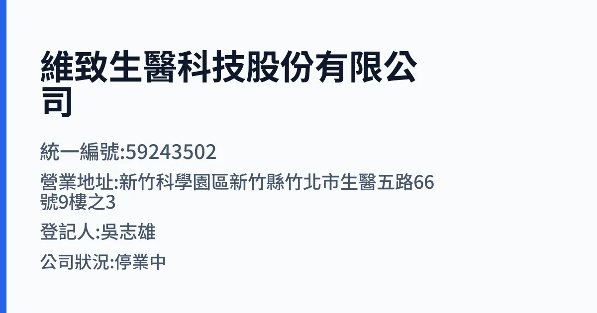 維致生醫科技股份有限公司 - 統編 59243502(新竹縣) 公司登記資料與營業項目詳細圖表