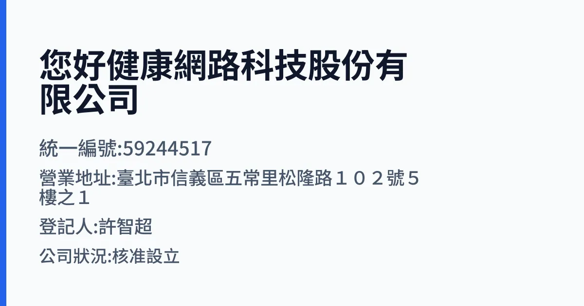 您好健康網路科技股份有限公司 - 統編 59244517(臺北市) 公司登記資料與營業項目詳細圖表