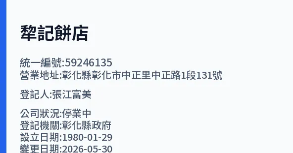 犂記餅店的照片-統編 59246135(彰化縣) 公司登記資料與營業項目詳細圖表