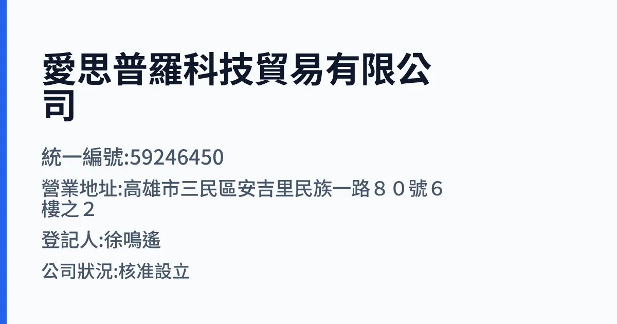 愛思普羅科技貿易有限公司 - 統編 59246450(高雄市) 公司登記資料與營業項目詳細圖表