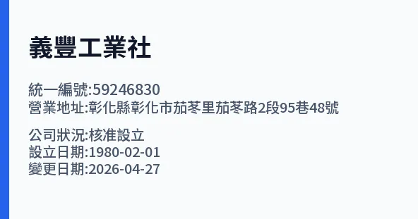 義豐工業社的照片-統編 59246830(彰化縣) 公司登記資料與營業項目詳細圖表