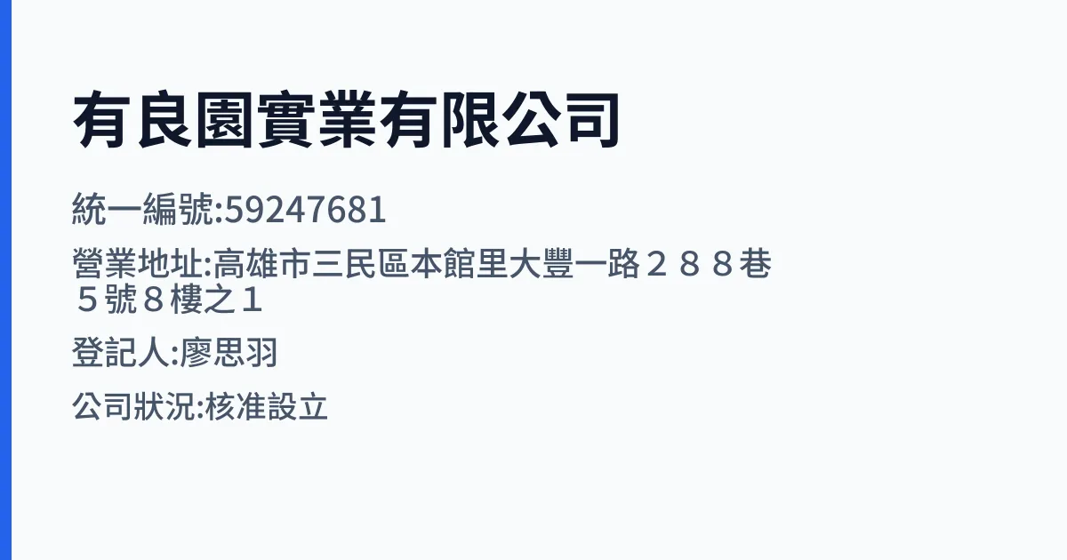 有良園實業有限公司 - 統編 59247681(高雄市) 公司登記資料與營業項目詳細圖表