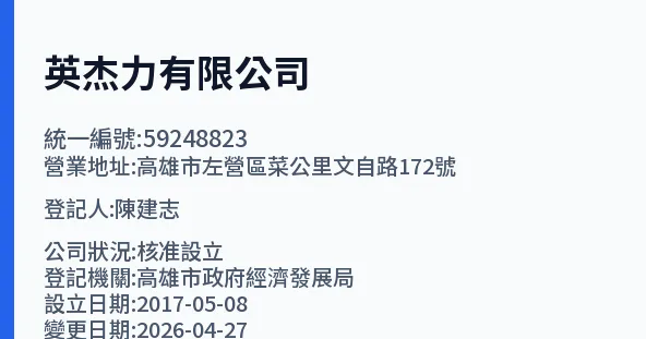 英杰力有限公司的照片-統編 59248823(高雄市) 公司登記資料與營業項目詳細圖表