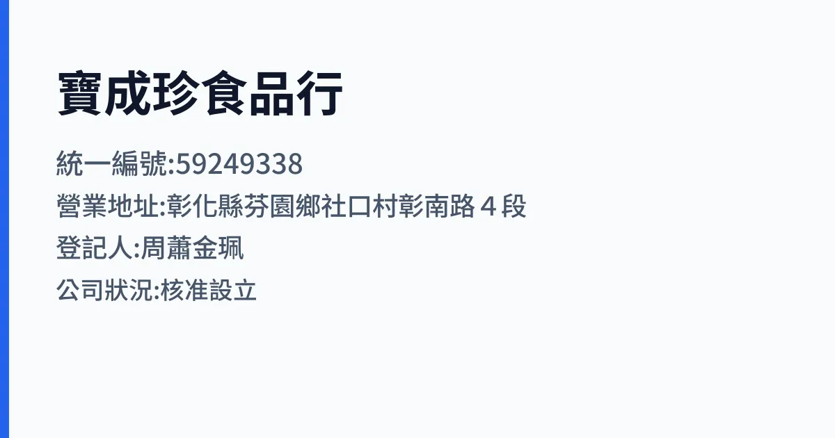 寶成珍食品行 - 統編 59249338(彰化縣) 公司登記資料與營業項目詳細圖表