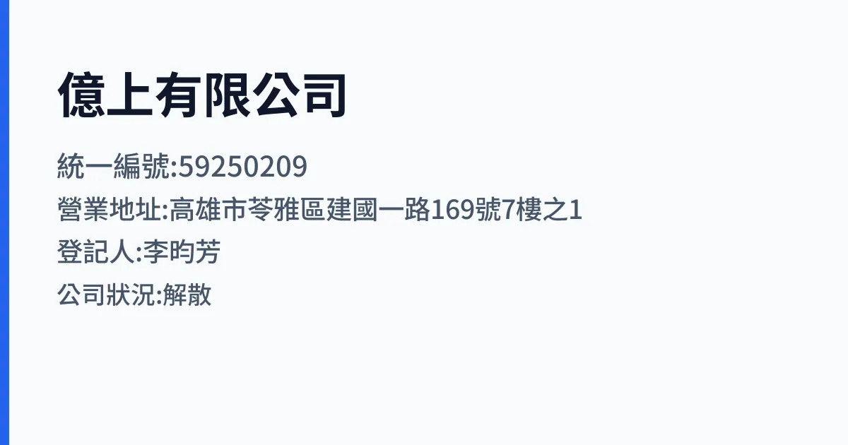 億上有限公司 - 統編 59250209(高雄市) 公司登記資料與營業項目詳細圖表