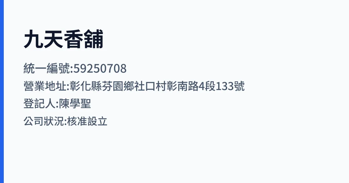 九天香舖 - 統編 59250708(彰化縣) 公司登記資料與營業項目詳細圖表