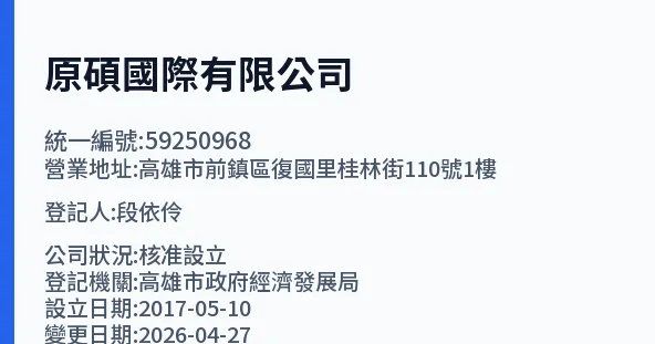 原碩國際有限公司的照片-統編 59250968(高雄市) 公司登記資料與營業項目詳細圖表