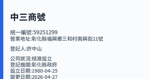 中三商號的照片-統編 59251299(彰化縣) 公司登記資料與營業項目詳細圖表