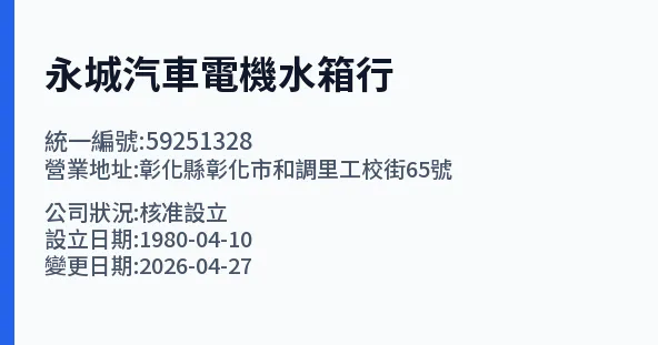 永城汽車電機水箱行的照片-統編 59251328(彰化縣) 公司登記資料與營業項目詳細圖表