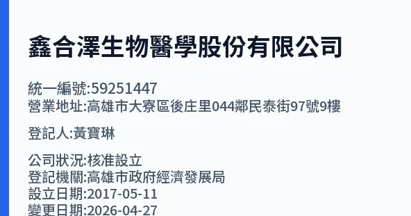 鑫合澤生物醫學股份有限公司的照片-統編 59251447(高雄市) 公司登記資料與營業項目詳細圖表