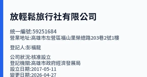 放輕鬆旅行社有限公司的照片-統編 59251684(高雄市) 公司登記資料與營業項目詳細圖表