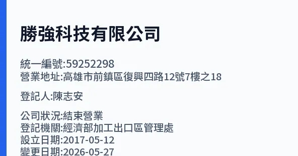 勝強科技有限公司的照片-統編 59252298(高雄市) 公司登記資料與營業項目詳細圖表