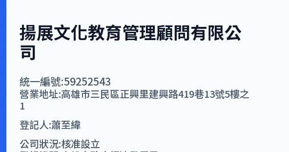 揚展文化教育管理顧問有限公司的照片-統編 59252543(高雄市) 公司登記資料與營業項目詳細圖表