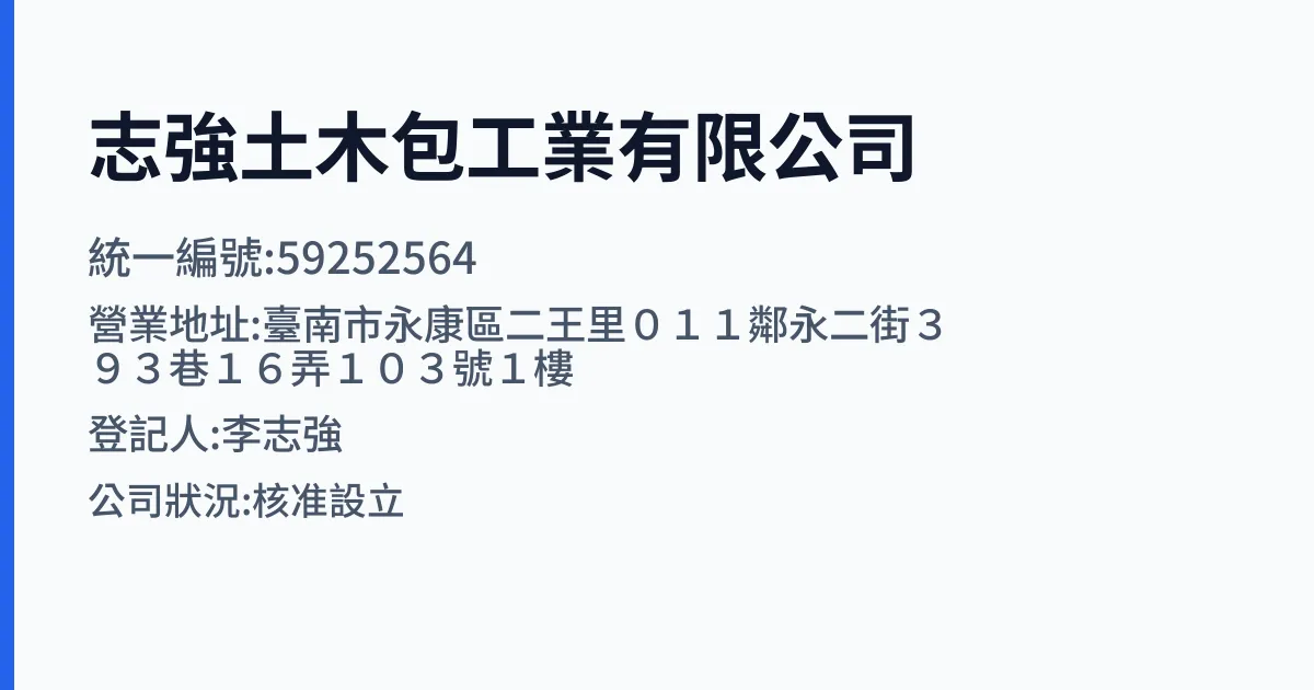 志強土木包工業有限公司 - 統編 59252564(臺南市) 公司登記資料與營業項目詳細圖表