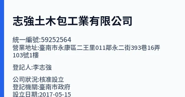 志強土木包工業有限公司的照片-統編 59252564(臺南市) 公司登記資料與營業項目詳細圖表