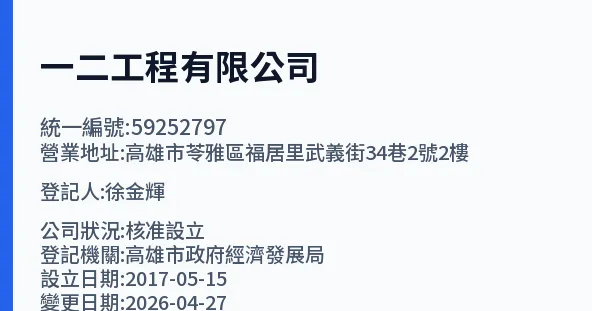 一二工程有限公司的照片-統編 59252797(高雄市) 公司登記資料與營業項目詳細圖表
