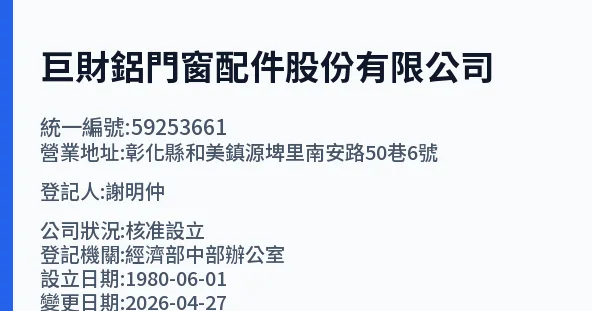 巨財鋁門窗配件股份有限公司的照片-統編 59253661(彰化縣) 公司登記資料與營業項目詳細圖表