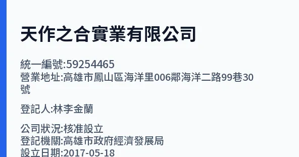 天作之合實業有限公司的照片-統編 59254465(高雄市) 公司登記資料與營業項目詳細圖表