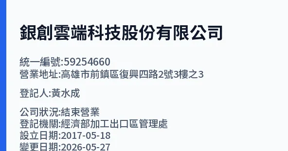 銀創雲端科技股份有限公司的照片-統編 59254660(高雄市) 公司登記資料與營業項目詳細圖表