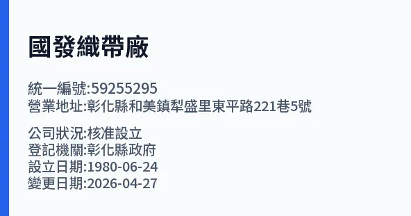 國發織帶廠的照片-統編 59255295(彰化縣) 公司登記資料與營業項目詳細圖表