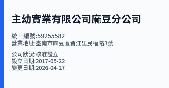 主幼實業有限公司麻豆分公司的照片-統編 59255582(臺南市) 公司登記資料與營業項目詳細圖表