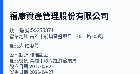 福康資產管理股份有限公司的照片-統編 59255871(高雄市) 公司登記資料與營業項目詳細圖表