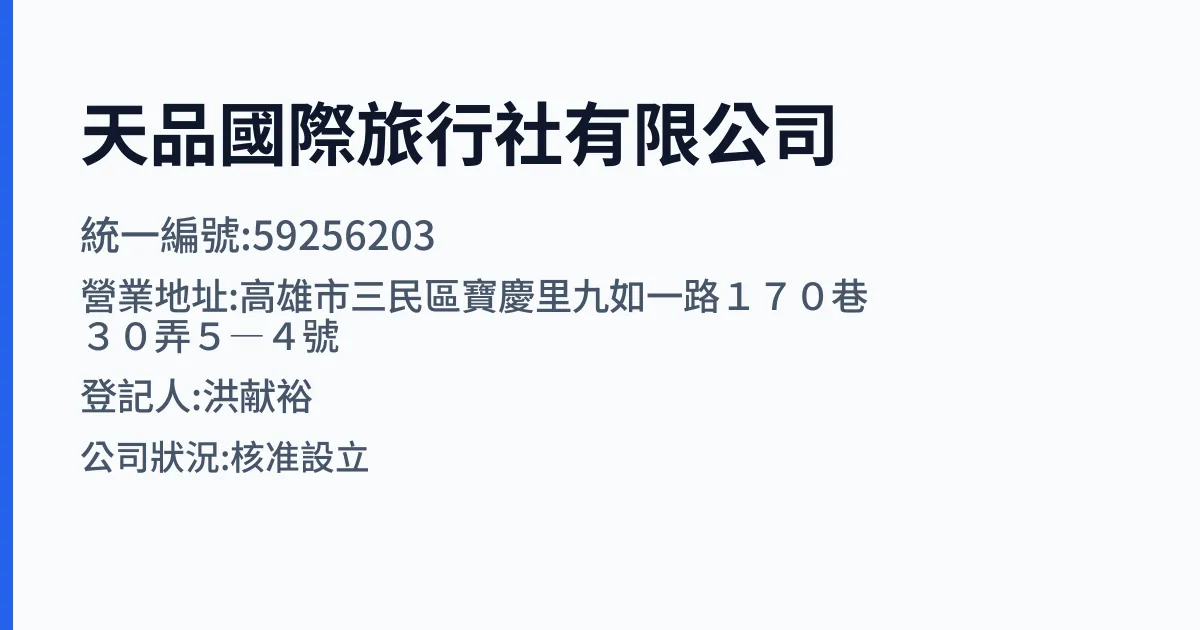 天品國際旅行社有限公司 - 統編 59256203(高雄市) 公司登記資料與營業項目詳細圖表