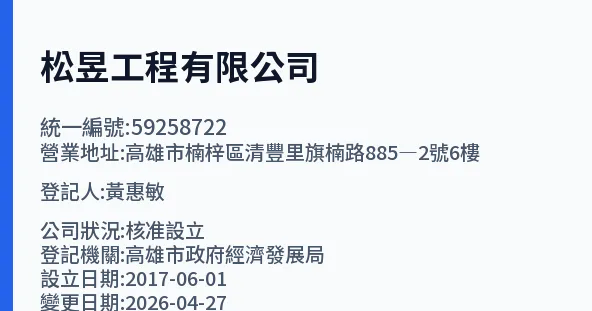 松昱工程有限公司的照片-統編 59258722(高雄市) 公司登記資料與營業項目詳細圖表