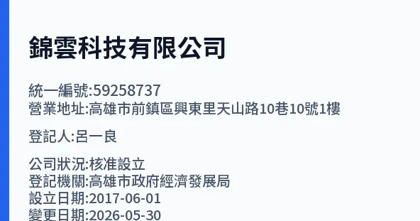 錦雲科技有限公司的照片-統編 59258737(高雄市) 公司登記資料與營業項目詳細圖表