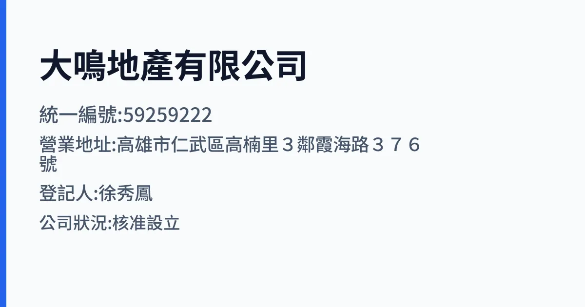 大鳴地產有限公司 - 統編 59259222(高雄市) 公司登記資料與營業項目詳細圖表