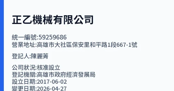 正乙機械有限公司的照片-統編 59259686(高雄市) 公司登記資料與營業項目詳細圖表