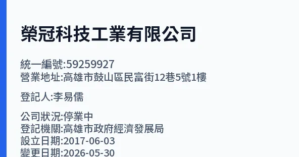 榮冠科技工業有限公司的照片-統編 59259927(高雄市) 公司登記資料與營業項目詳細圖表