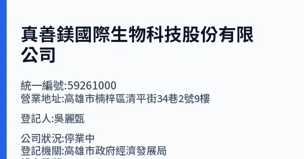 真善鎂國際生物科技股份有限公司的照片-統編 59261000(高雄市) 公司登記資料與營業項目詳細圖表