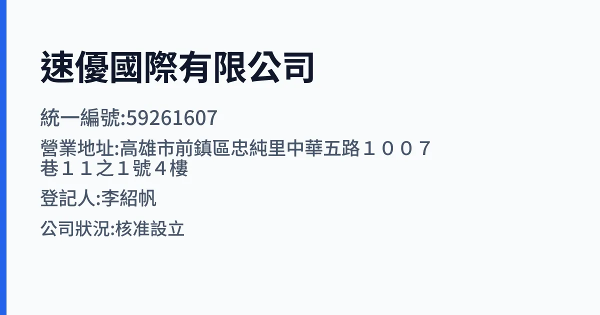 速優國際有限公司 - 統編 59261607(高雄市) 公司登記資料與營業項目詳細圖表