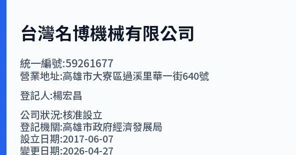 台灣名博機械有限公司的照片-統編 59261677(高雄市) 公司登記資料與營業項目詳細圖表