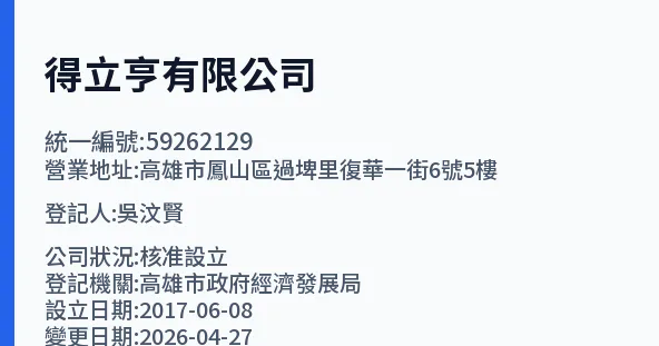 得立亨有限公司的照片-統編 59262129(高雄市) 公司登記資料與營業項目詳細圖表