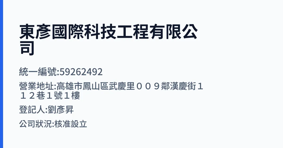 東彥國際科技工程有限公司 - 統編 59262492(高雄市) 公司登記資料與營業項目詳細圖表