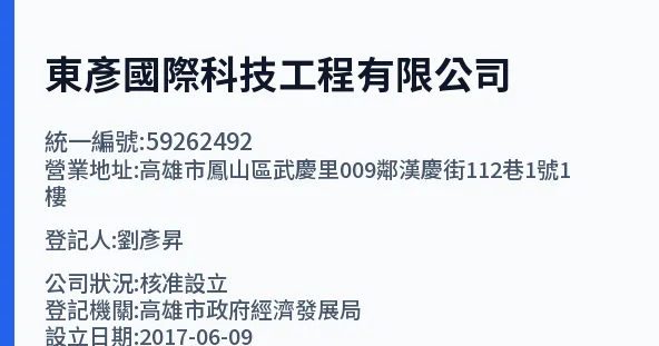 東彥國際科技工程有限公司的照片-統編 59262492(高雄市) 公司登記資料與營業項目詳細圖表