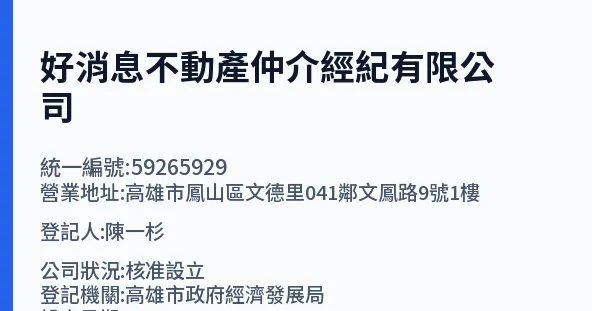 好消息不動產仲介經紀有限公司的照片-統編 59265929(高雄市) 公司登記資料與營業項目詳細圖表