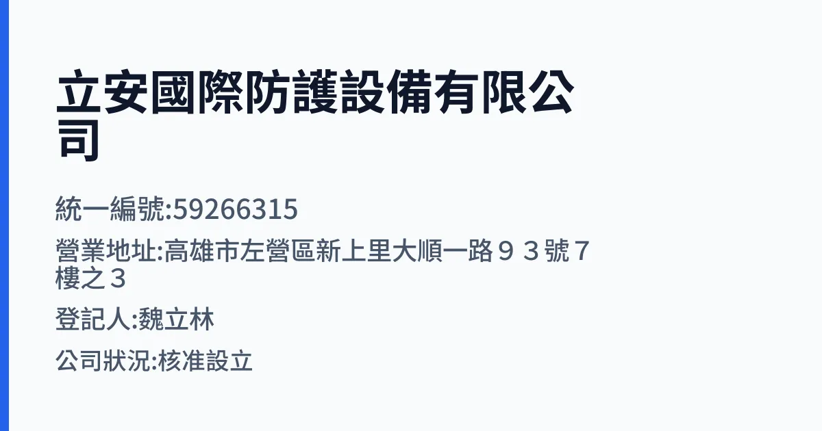 立安國際防護設備有限公司 - 統編 59266315(高雄市) 公司登記資料與營業項目詳細圖表
