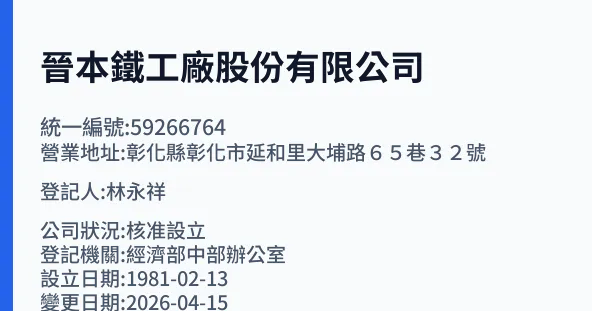 晉本鐵工廠股份有限公司的照片-統編 59266764(彰化縣) 公司登記資料與營業項目詳細圖表