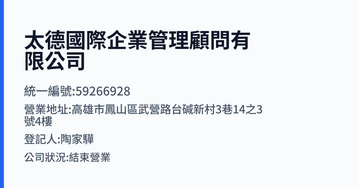 太德國際企業管理顧問有限公司 - 統編 59266928(高雄市) 公司登記資料與營業項目詳細圖表